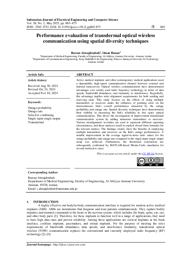 (PDF) Performance evaluation of transdermal optical wireless communication using spatial ...