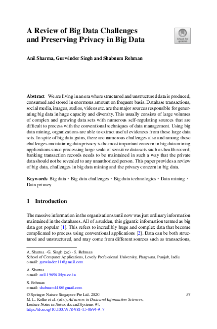(PDF) A Review of Big Data Challenges and Preserving Privacy in Big Data