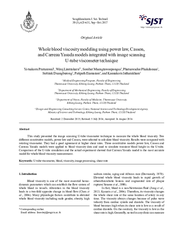 (PDF) Whole blood viscosity modeling using power law, Casson,and ...
