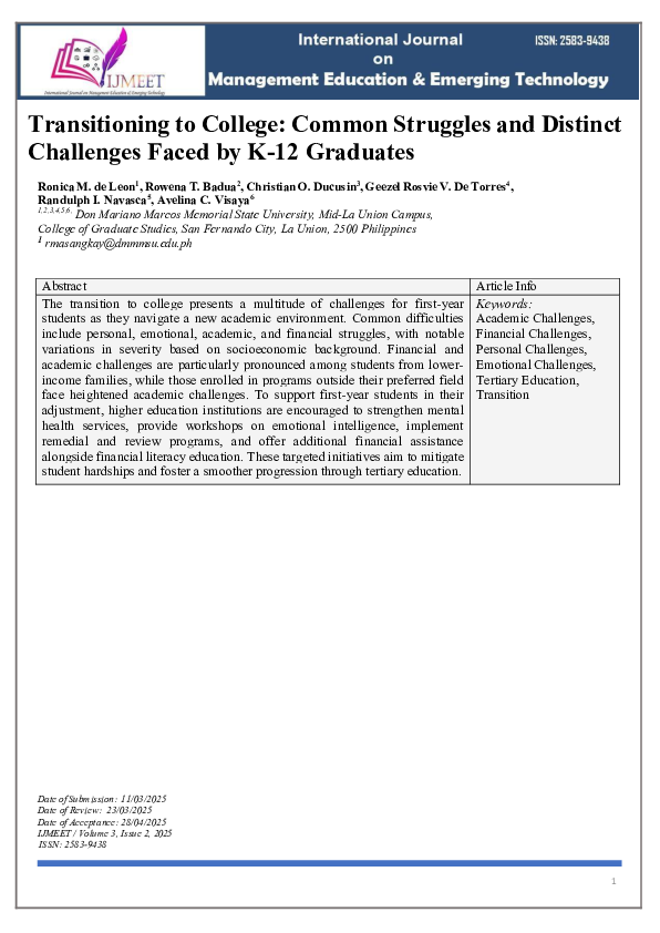 (PDF) Transitioning to College: Common Struggles and Distinct ...