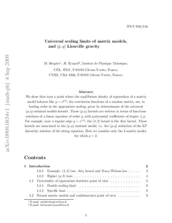 (PDF) Universal scaling limits of matrix models, and (p,q) Liouville gravity