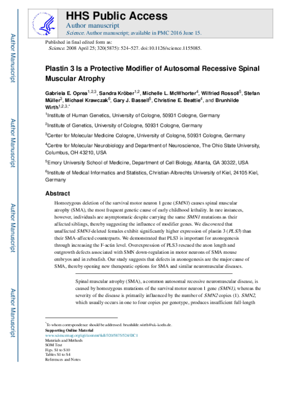(PDF) Faculty of 1000 evaluation for Plastin 3 is a protective modifier ...