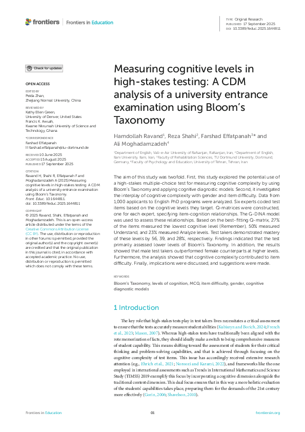 (PDF) Measuring Cognitive Levels in High-Stakes Testing: A CDM Analysis ...
