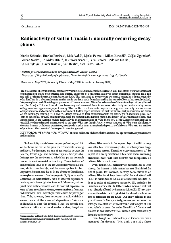 (PDF) Radioactivity of soil in Croatia I: naturally occurring decay chains