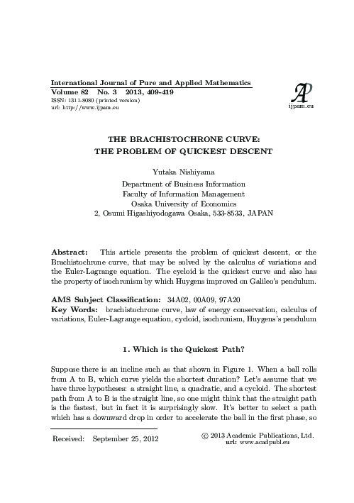 (PDF) The Brachistochrone Curve: The Problem of Quickest Descent