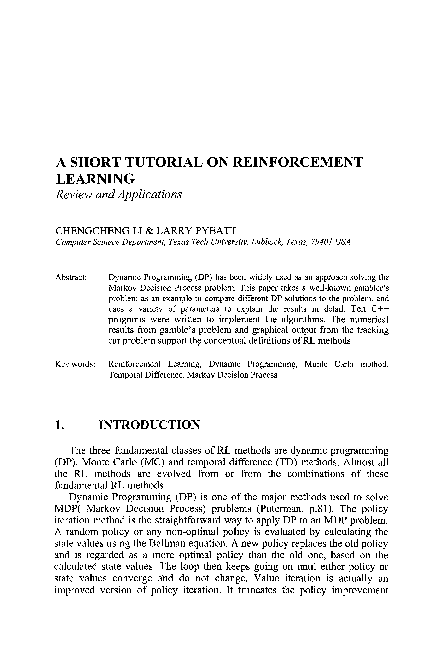 (PDF) A Short Tutorial on Reinforcement Learning