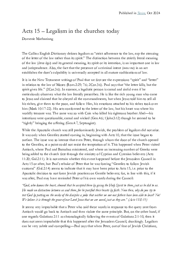 (PDF) Acts 15 -Legalism in the churches today