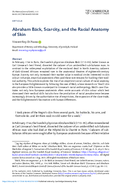 (PDF) Abraham Bäck, Scarcity, and the Racial Anatomy of Skin