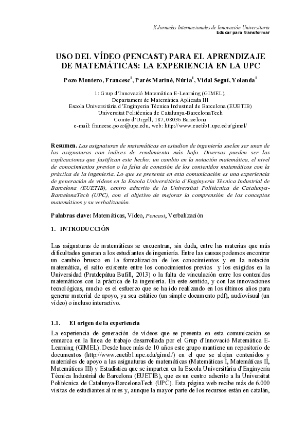 (PDF) Uso del vídeo (pencast) para el aprendizaje de matemáticas: La ...