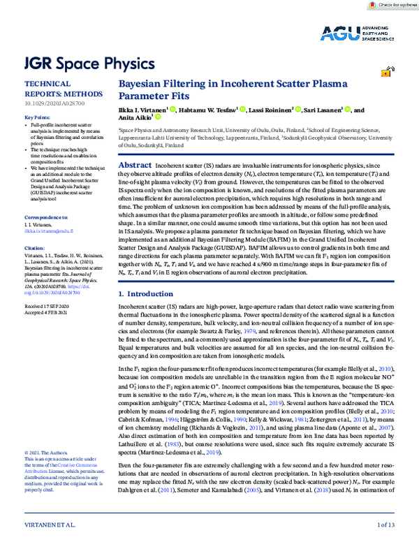 (PDF) Bayesian filtering in incoherent scatter plasma parameter fits