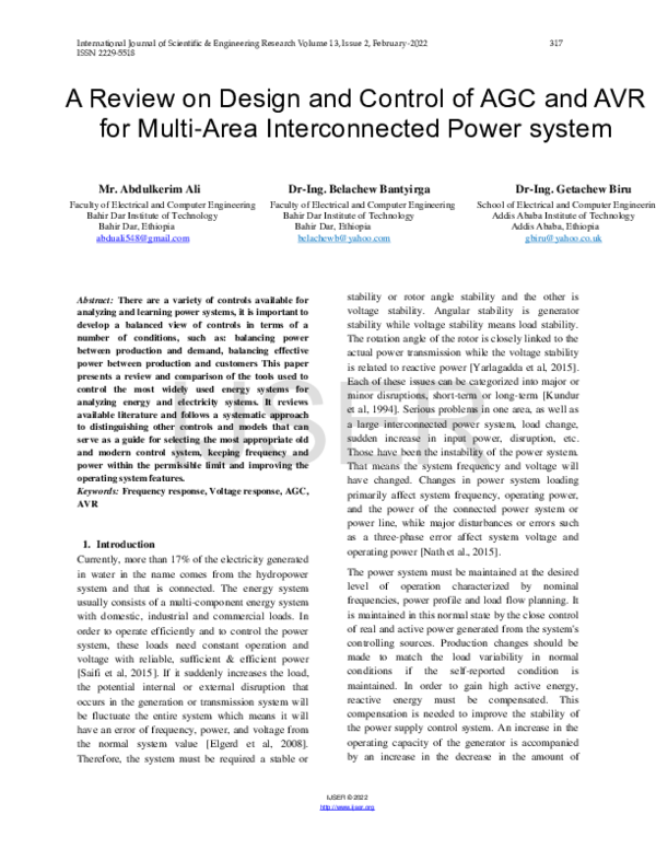 (PDF) A Review on Design and Control of AGC and AVR for Multi-Area ...