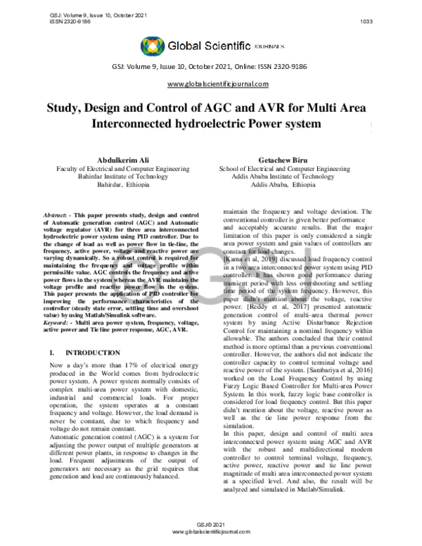 (PDF) Study, Design and Control of AGC and AVR for Multi Area ...