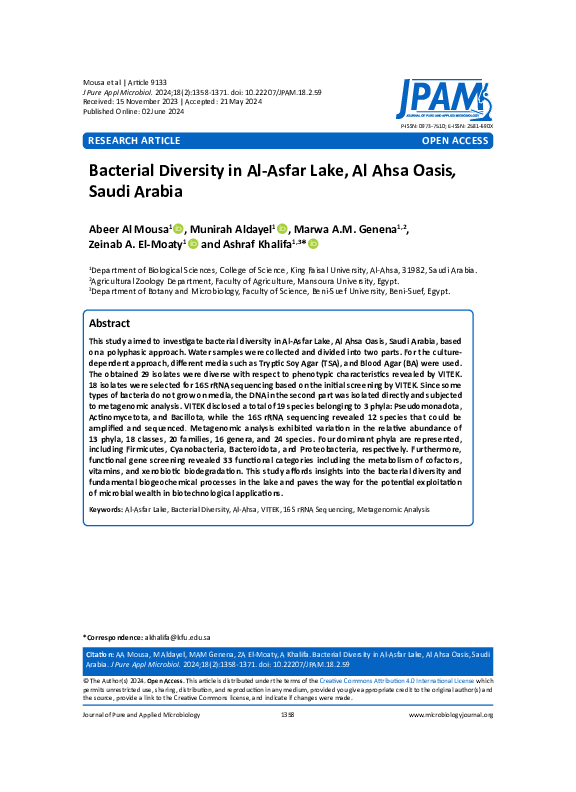 (PDF) Bacterial Diversity in Al-Asfar Lake, Al Ahsa Oasis, Saudi Arabia