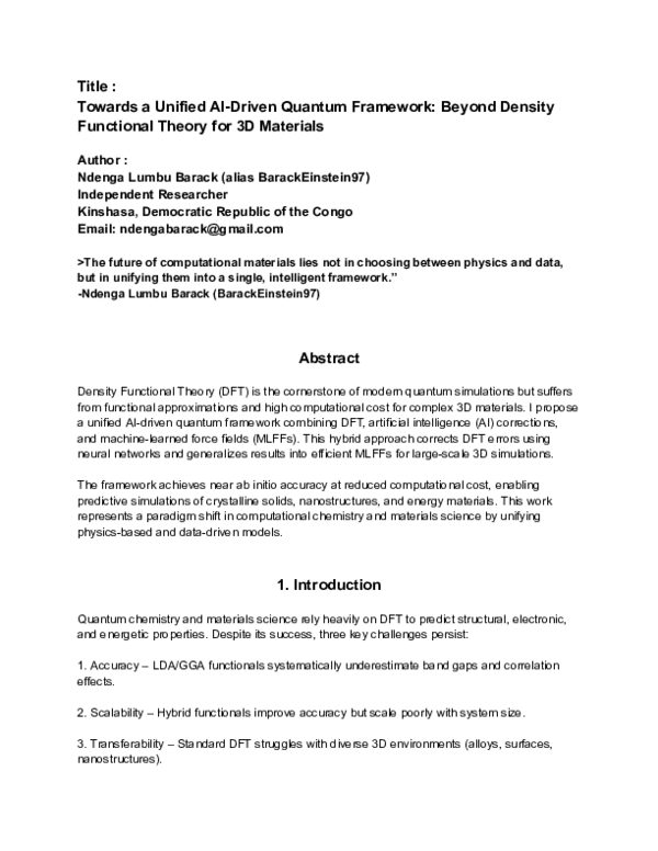 (PDF) Towards a Unified AI-Driven Quantum Framework: Beyond Density Functional Theory for 3D ...
