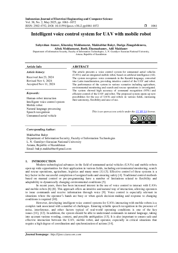 (PDF) Intelligent voice control system for UAV with mobile robot