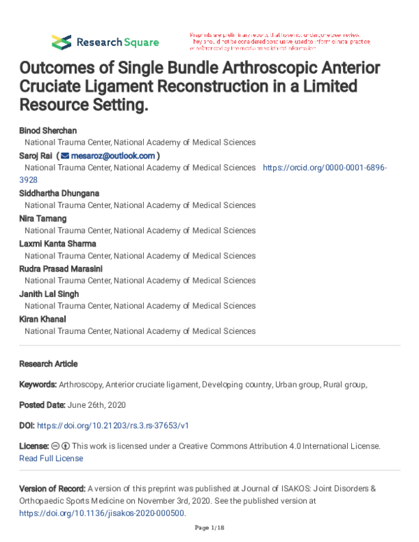 (PDF) Outcomes of single bundle arthroscopic anterior cruciate ligament ...
