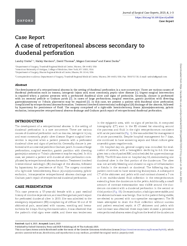 (PDF) A case of retroperitoneal abscess secondary to duodenal perforation