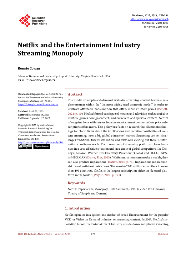 (PDF) Netflix and the Entertainment Industry Streaming Monopoly