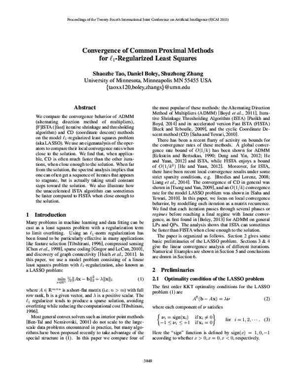 (PDF) Convergence of common proximal methods for l 1 -regularized least squares