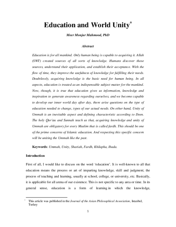 (PDF) Article in Refereed Journal: Education and World Unity