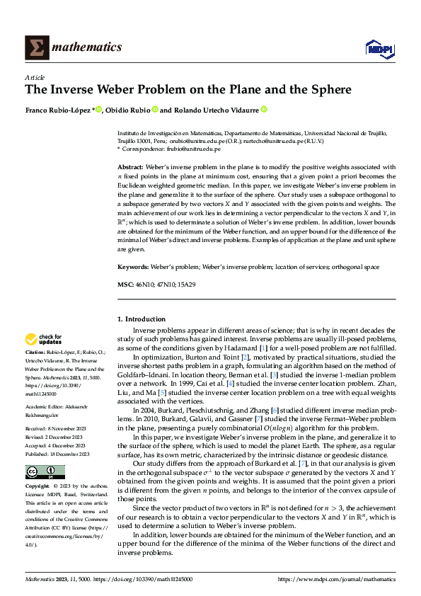 (PDF) The Inverse Weber Problem on the Plane and the Sphere