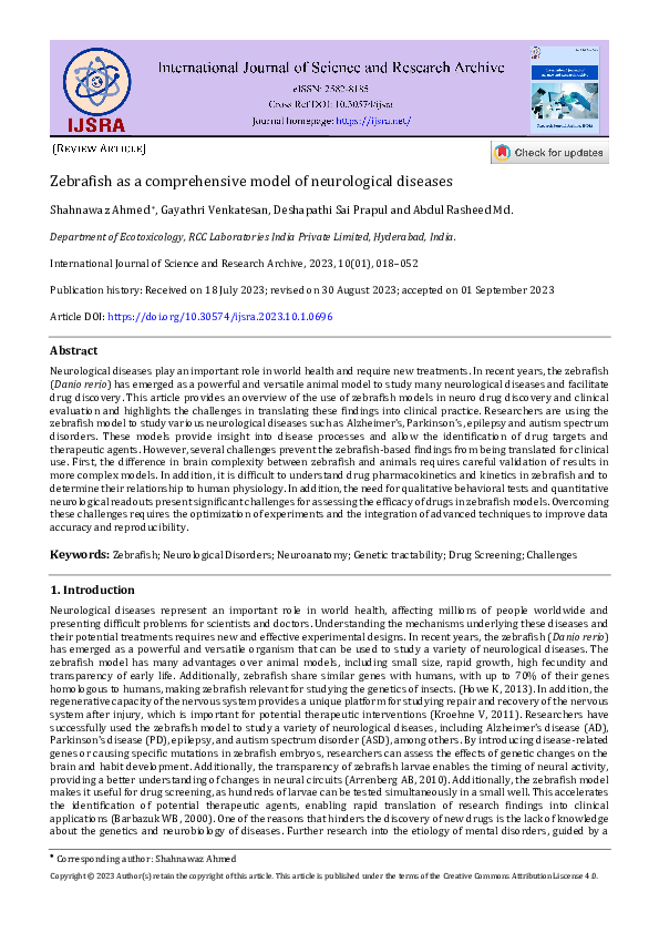 (PDF) Zebrafish as a comprehensive model of neurological diseases