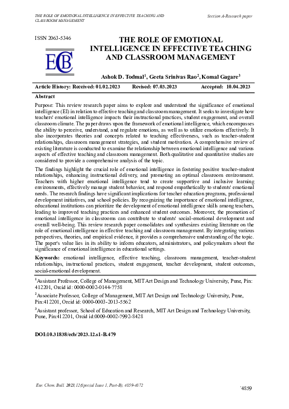 (PDF) THE ROLE OF EMOTIONAL INTELLIGENCE IN EFFECTIVE TEACHING AND ...