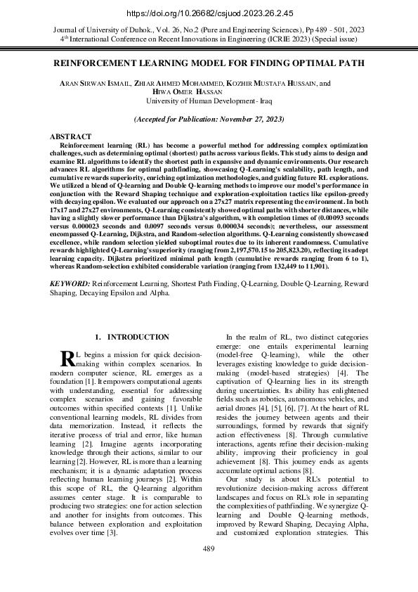 Pdf Reinforcement Learning Model For Finding Optimal Path