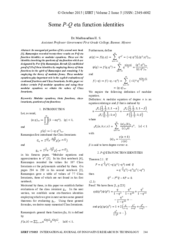 (PDF) Some P-Q eta function identities