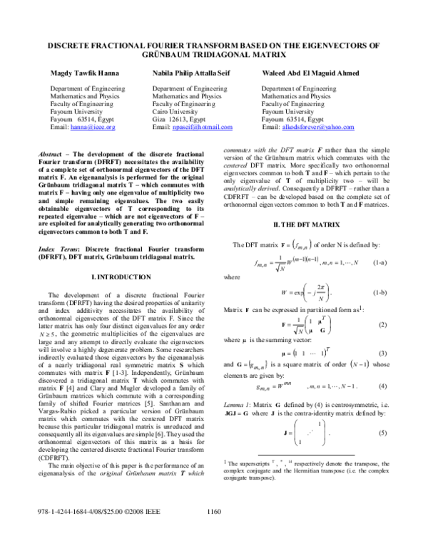 (PDF) DISCRETE FRACTIONAL FOURIER TRANSFORM BASED ON THE EIGENVECTORS ...