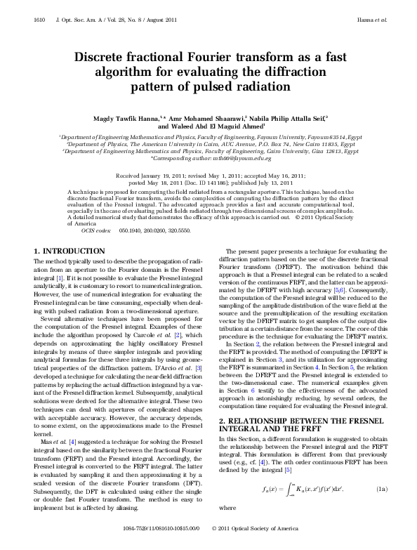(PDF) Discrete fractional Fourier transform as a fast algorithm for ...