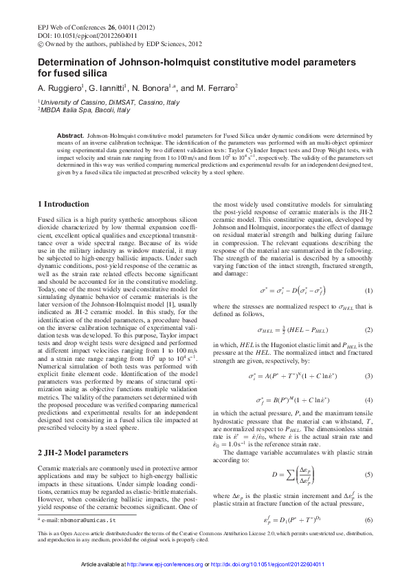 (PDF) Determination of Johnson-holmquist constitutive model parameters ...