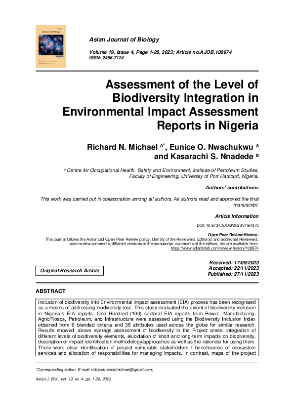 (PDF) Assessment of the Level of Biodiversity Integration in Environmental Impact Assessment ...