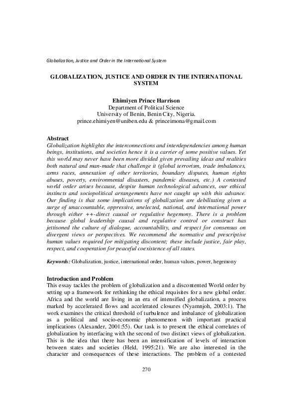 (PDF) GLOBALIZATION, JUSTICE AND ORDER IN THE INTERNATIONAL SYSTEM