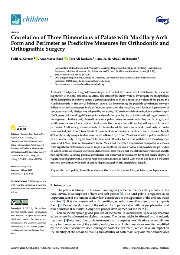 (PDF) Correlation of Three Dimensions of Palate with Maxillary Arch Form and Perimeter as ...
