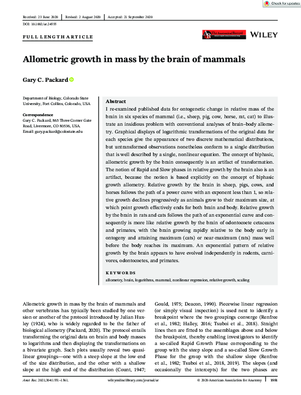 (PDF) Allometric growth in mass by the brain of mammals