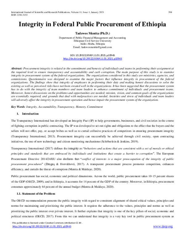(PDF) Integrity in Federal Public Procurement of Ethiopia