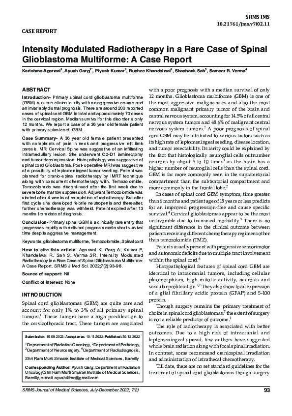 (PDF) Intensity Modulated Radiotherapy in a Rare Case of Spinal Glioblastoma Multiforme: A Case ...