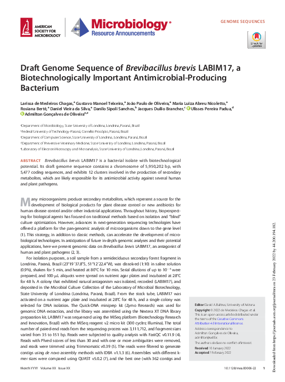 (PDF) Draft Genome Sequence of Brevibacillus brevis LABIM17, a ...