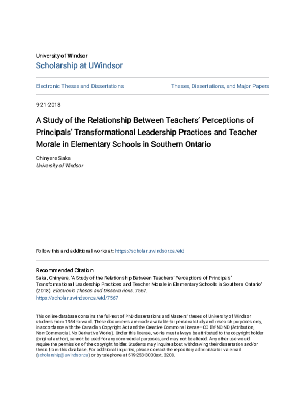 (PDF) A Study of the Relationship Between Teachers’ Perceptions of Principals’ Transformational ...