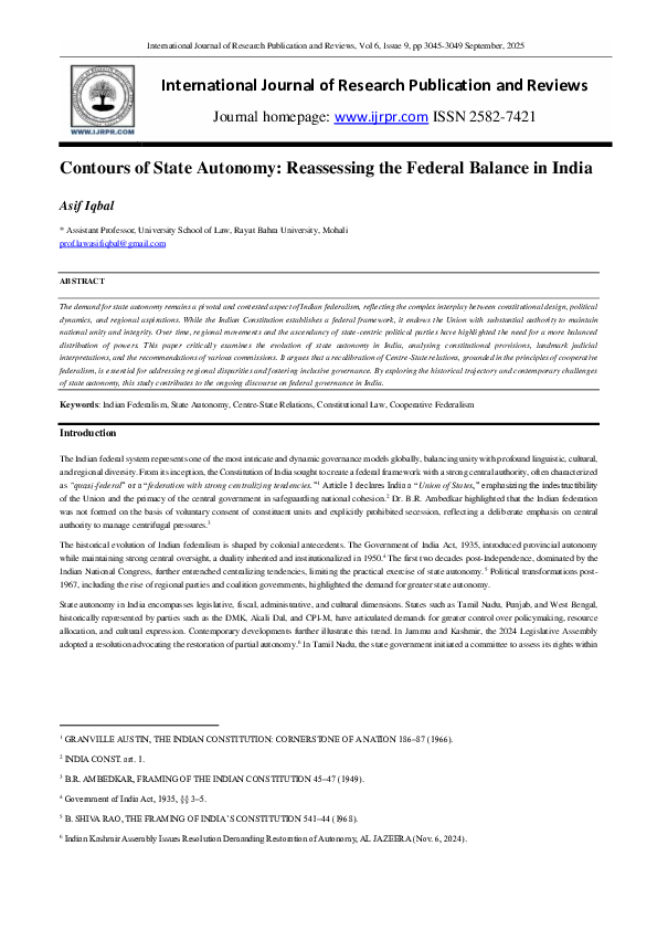 (PDF) Contours of State Autonomy: Reassessing the Federal Balance in India