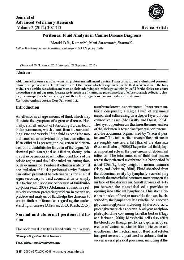 (PDF) Peritoneal Fluid Analysis in Canine Disease Diagnosis