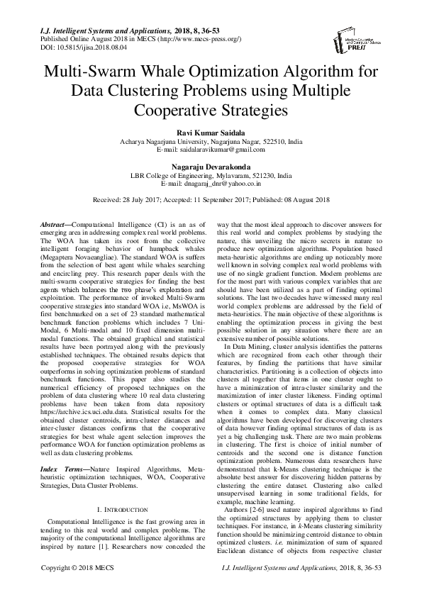 (PDF) Multi-Swarm Whale Optimization Algorithm for Data Clustering ...