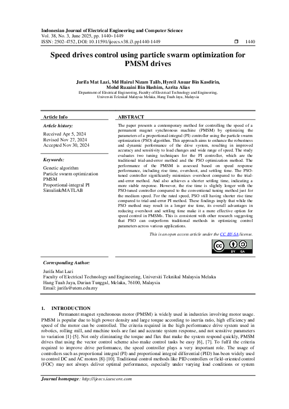 (PDF) Speed drives control using particle swarm optimization for PMSM drives