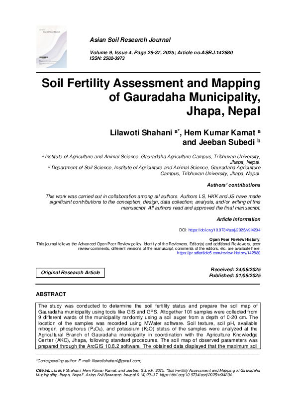 (PDF) Soil Fertility Assessment and Mapping of Gauradaha Municipality, Jhapa, Nepal