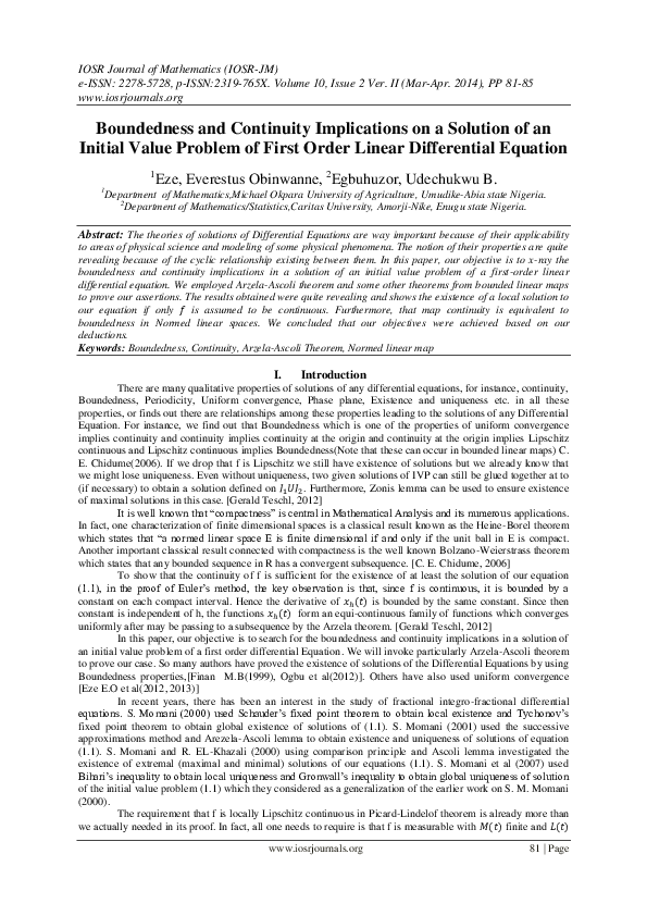 (PDF) Boundedness and Continuity Implications on a Solution of an Initial Value Problem of First ...