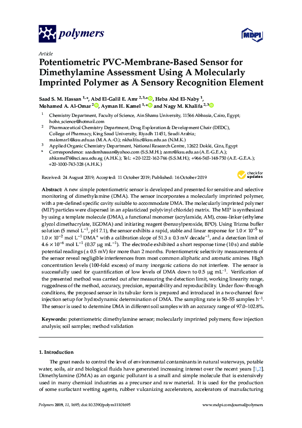 (PDF) Potentiometric PVC-Membrane-Based Sensor for Dimethylamine Assessment Using A Molecularly ...