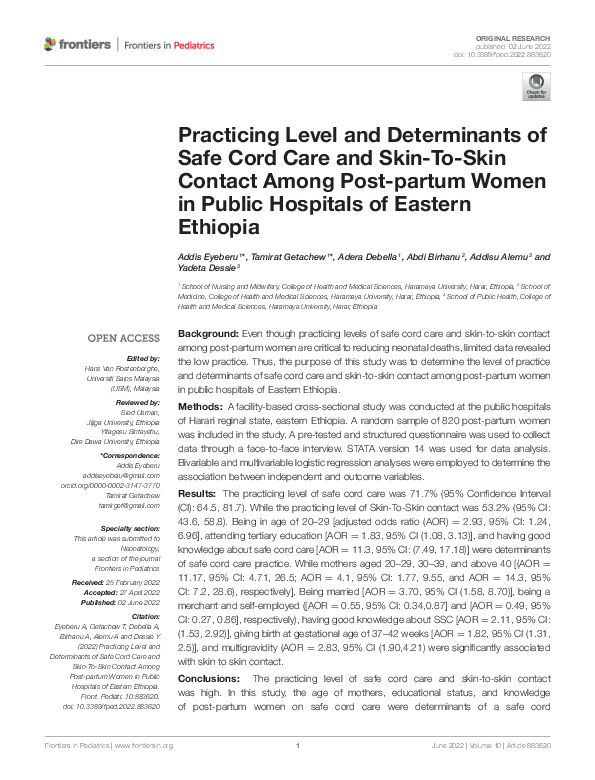 (PDF) Practicing Level and Determinants of Safe Cord Care and Skin-To ...