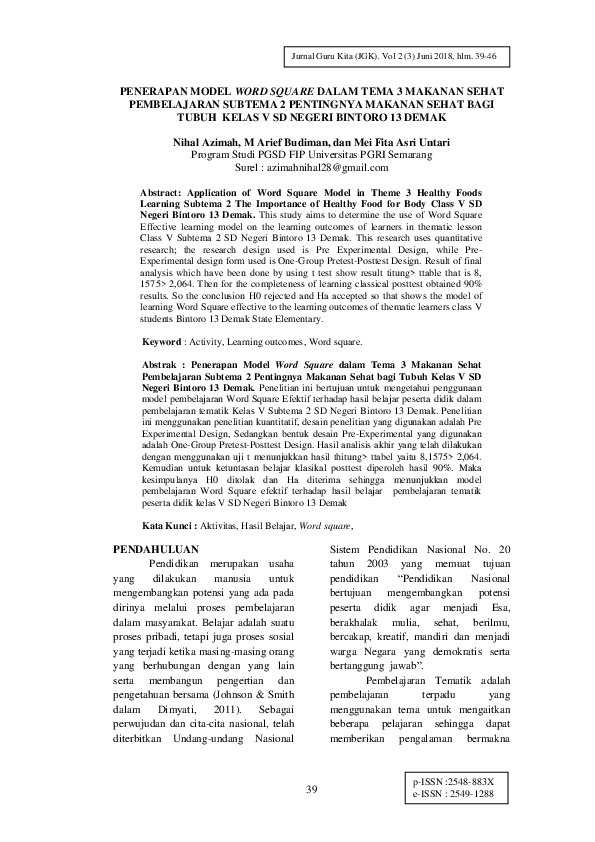 (PDF) PENERAPAN MODEL WORD SQUARE DALAM TEMA 3 MAKANAN SEHAT ...