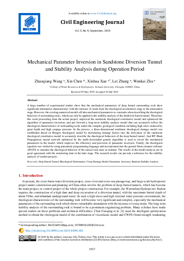 (PDF) Mechanical Parameter Inversion in Sandstone Diversion Tunnel and ...